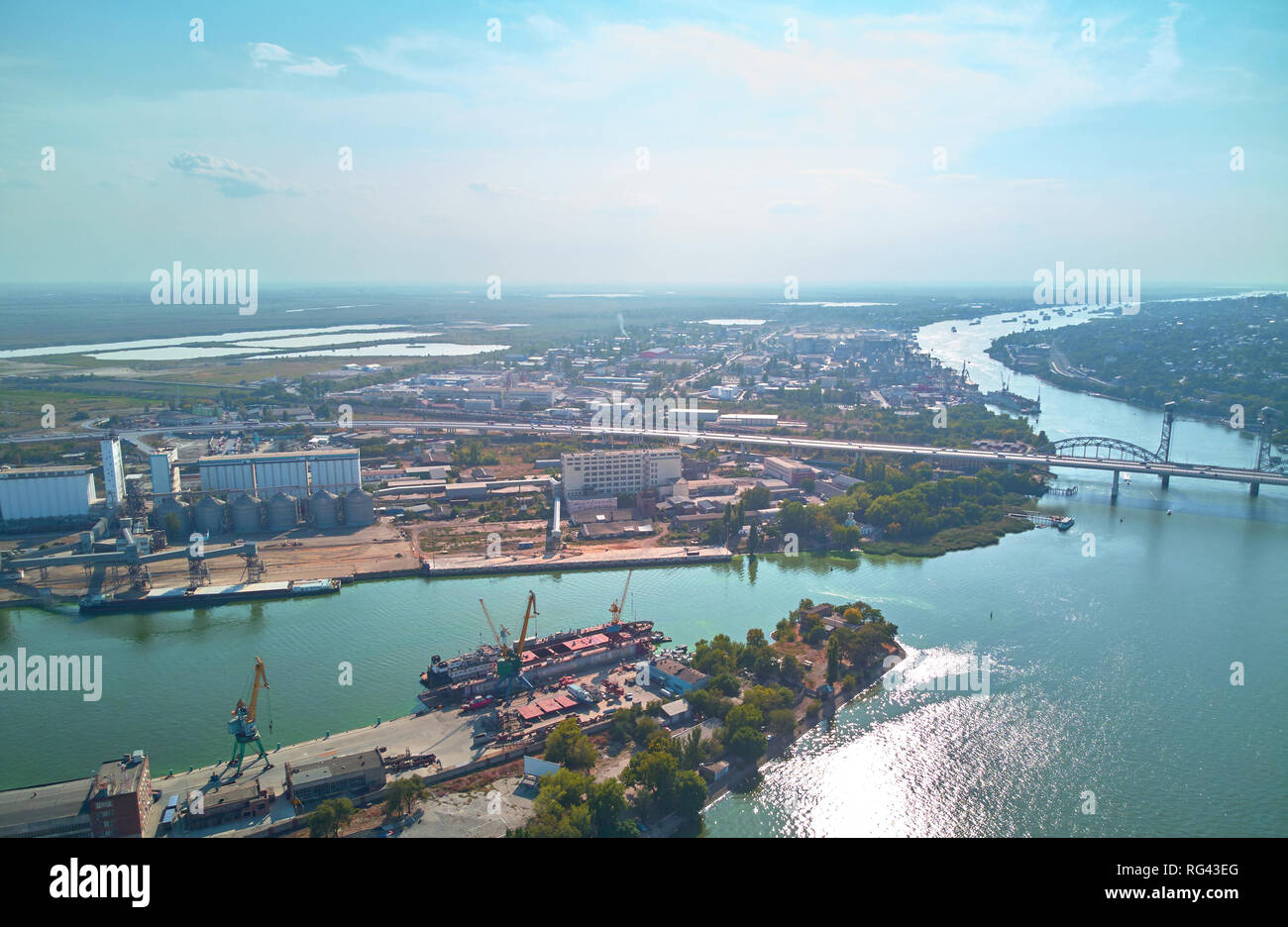 view of the navigable river with docks from the air Stock Photo - Alamy