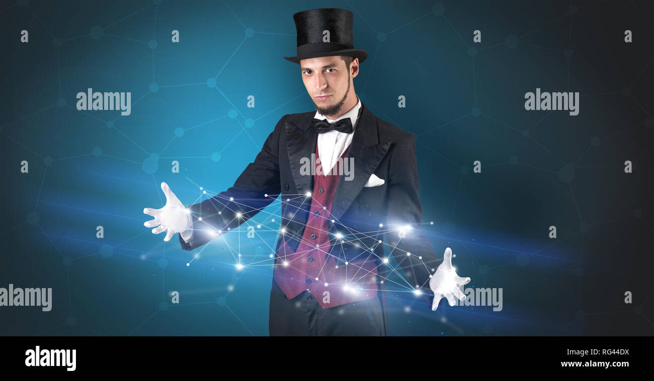 Magician with blue background and geometrical connection between two ...
