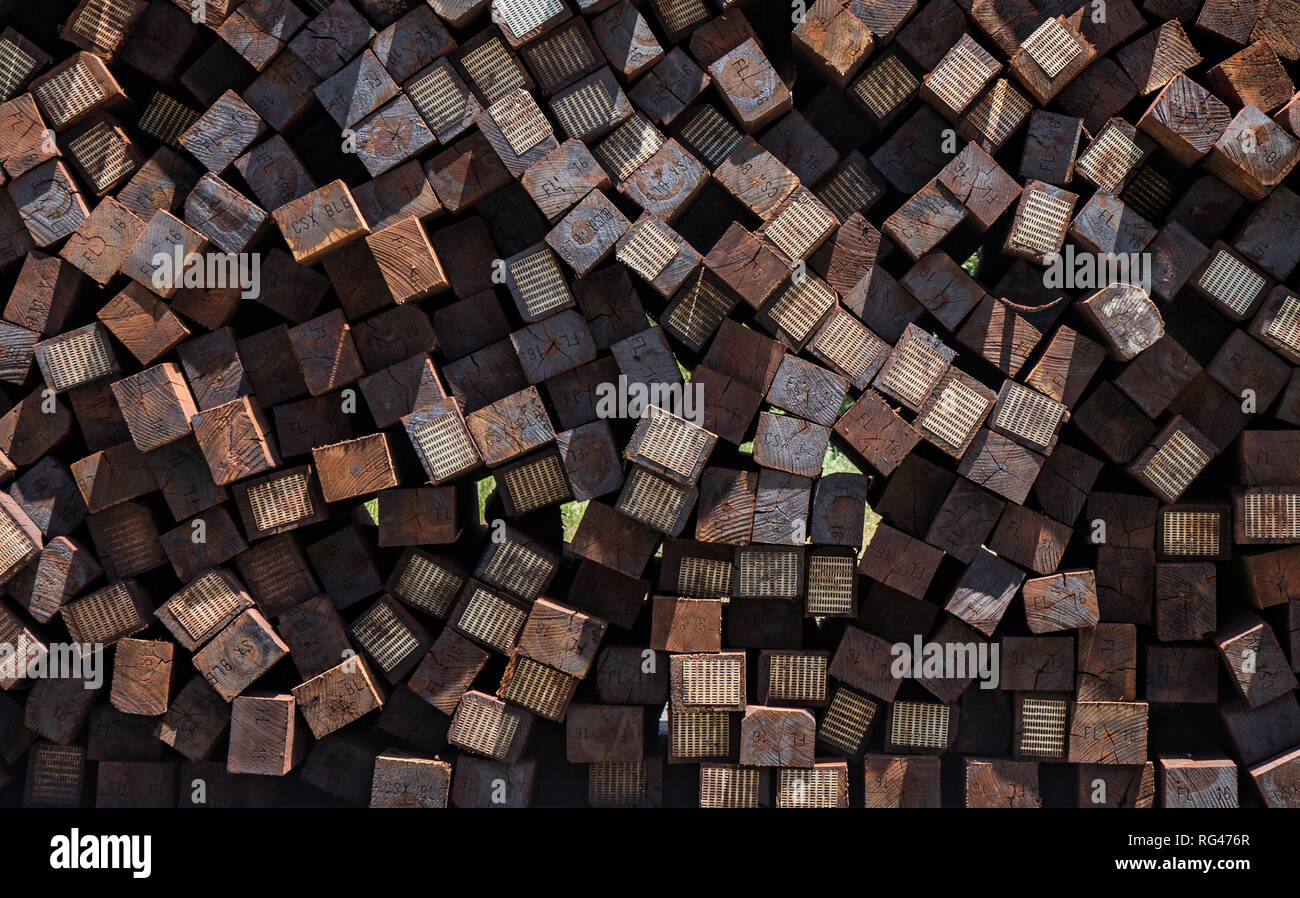 Close up photo of a stack of discarded and unused railroad ties Stock ...