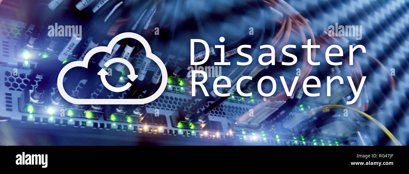 DIsaster recovery. Data loss prevention. Server room on background ...