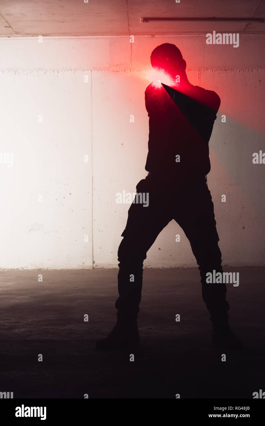 silhouette of an armed man holding his gun and pointing with his laser ...