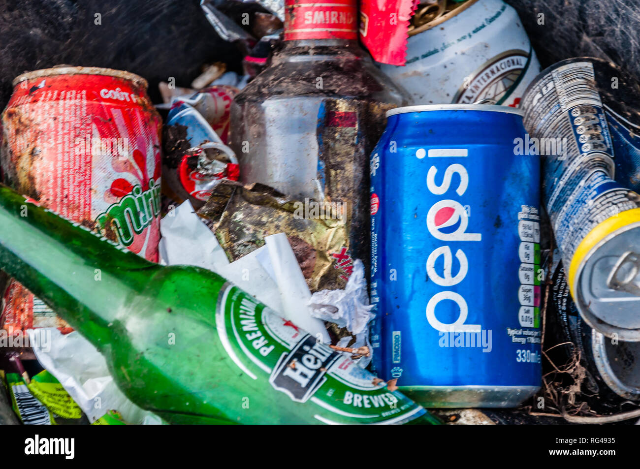 Recycling items glass bottles cans Stock Photo - Alamy