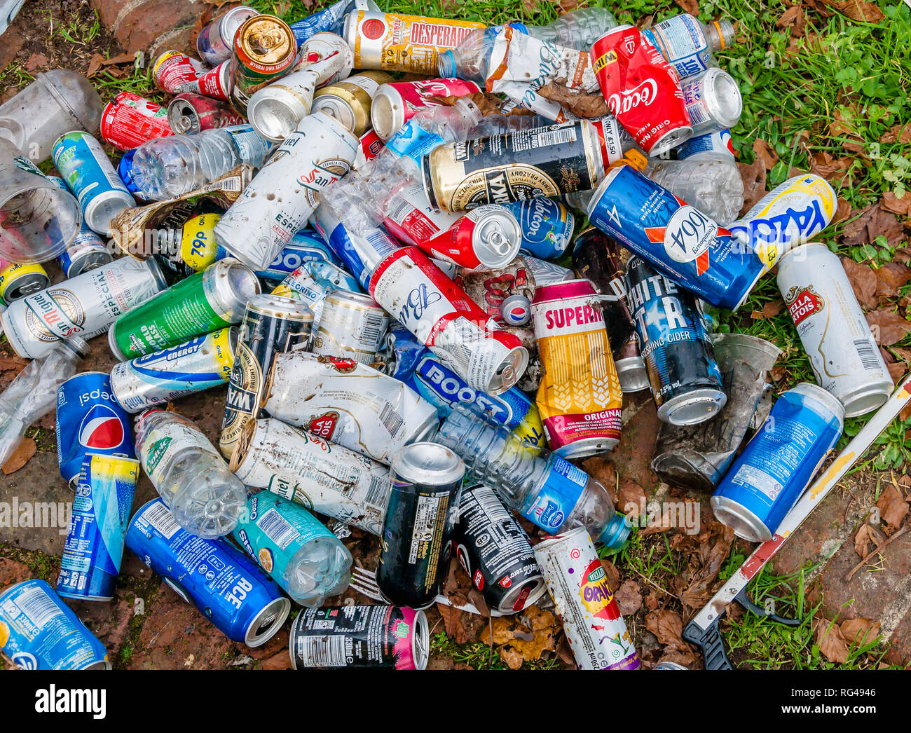 Recycling items glass bottles cans Stock Photo - Alamy