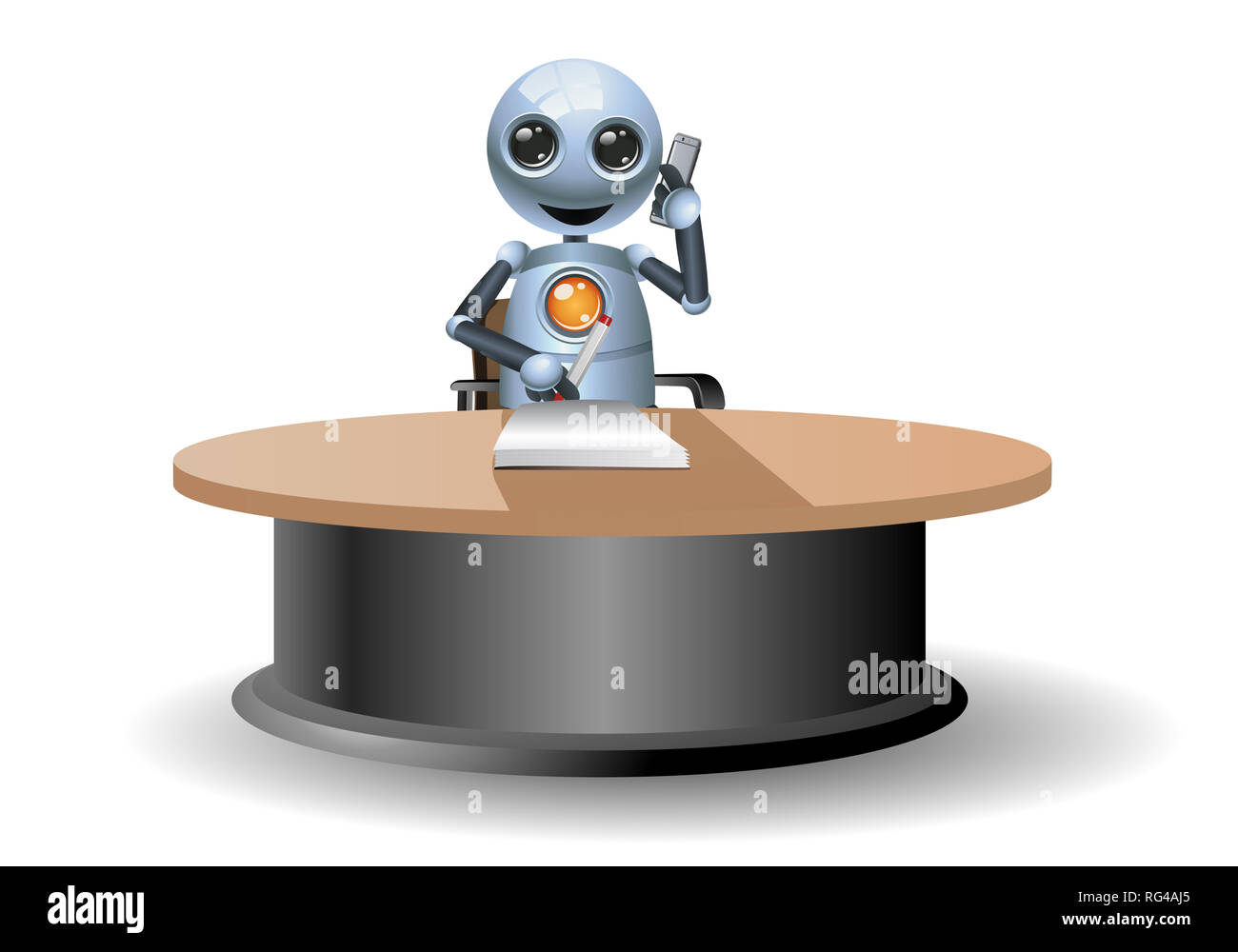 illustration of a happy little robot receive call on isolated white ...