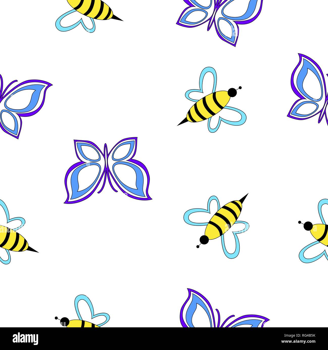 Seamless simple pattern with bees and butterflies isolated on a white ...