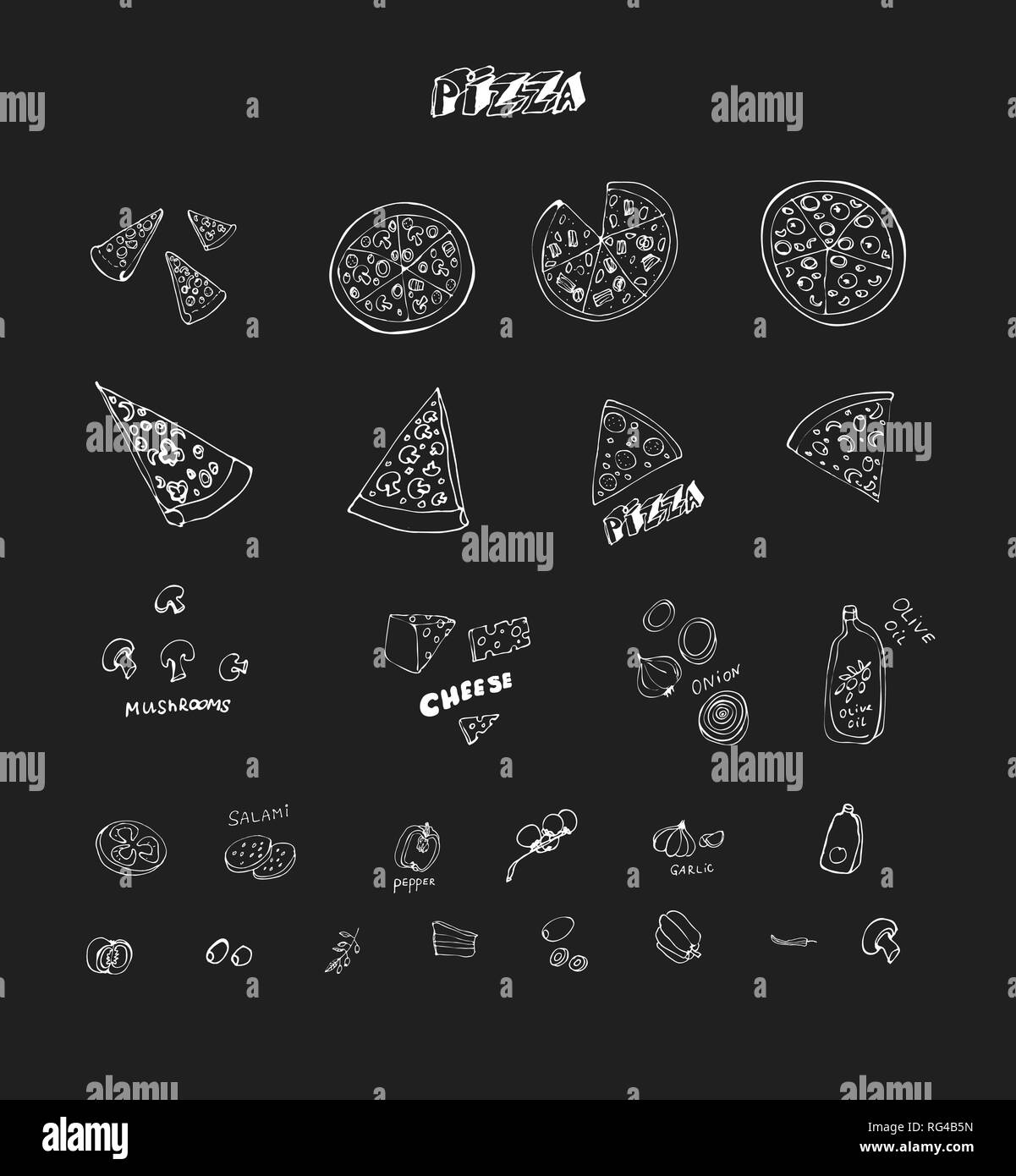 Chalkboard Doodle drawing. Pizza and vegetables. Cooking ingridients ...