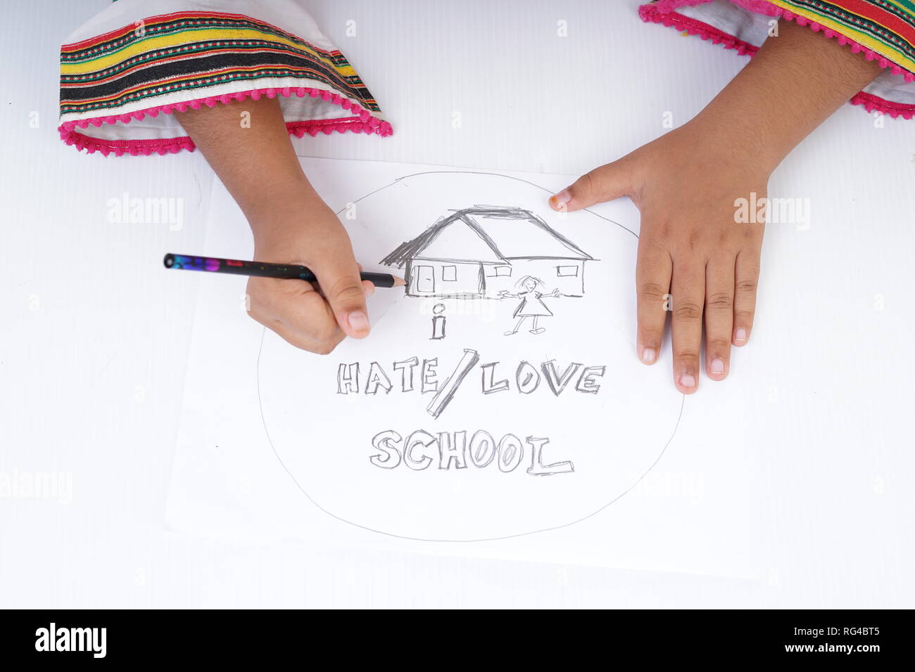 School Girl hands Drawing and writing on papper Stock Photo - Alamy