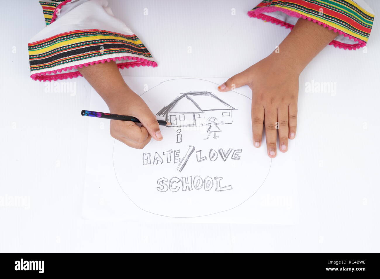 School Girl hands Drawing and writing on papper Stock Photo - Alamy