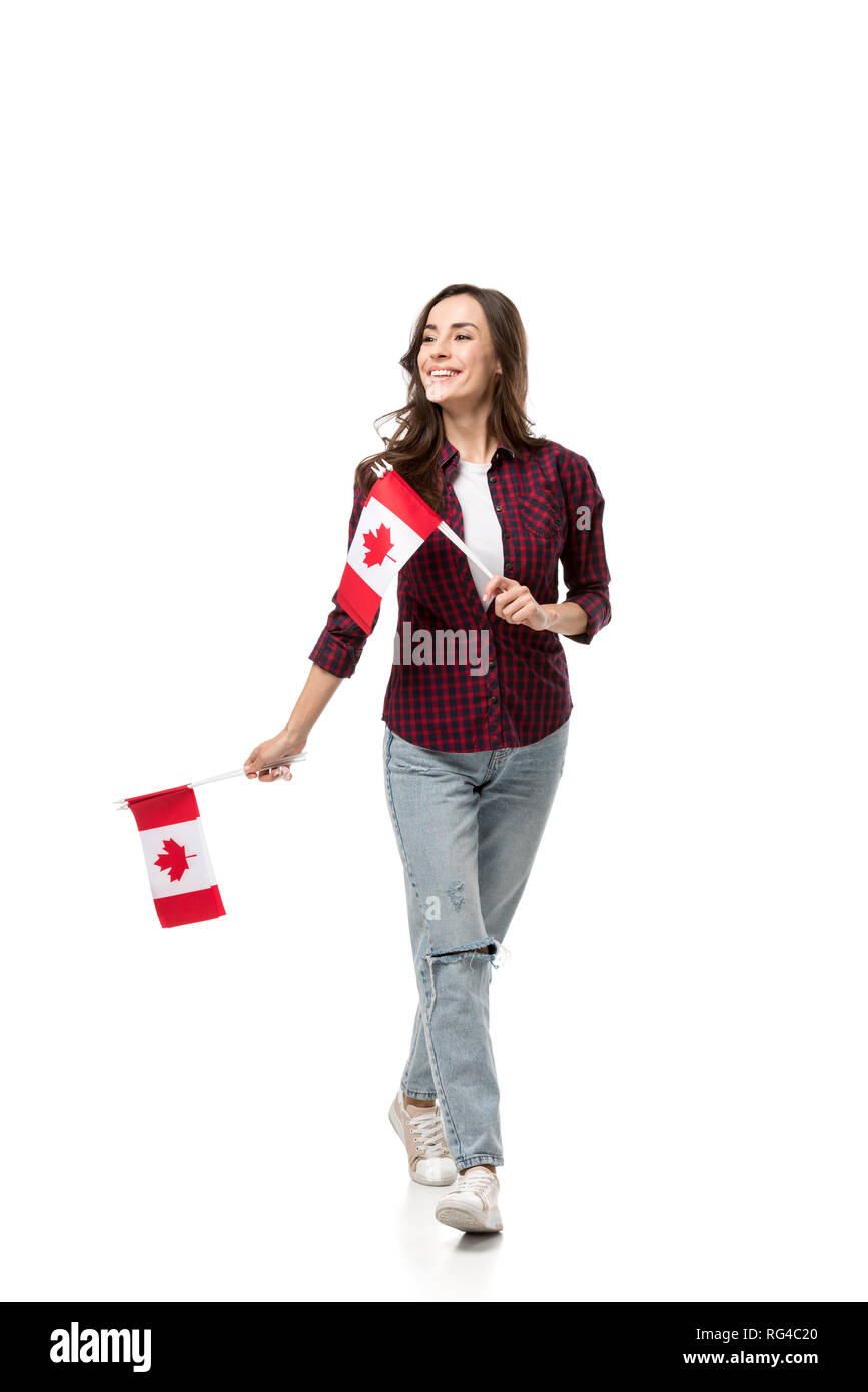 beautiful woman holding canadian flags isolated on white Stock Photo ...