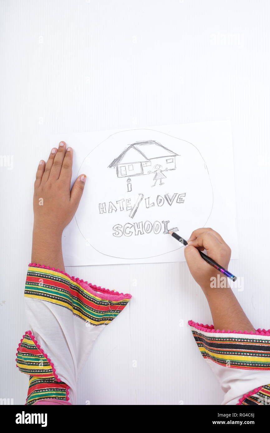 School Girl hands Drawing and writing on papper Stock Photo - Alamy
