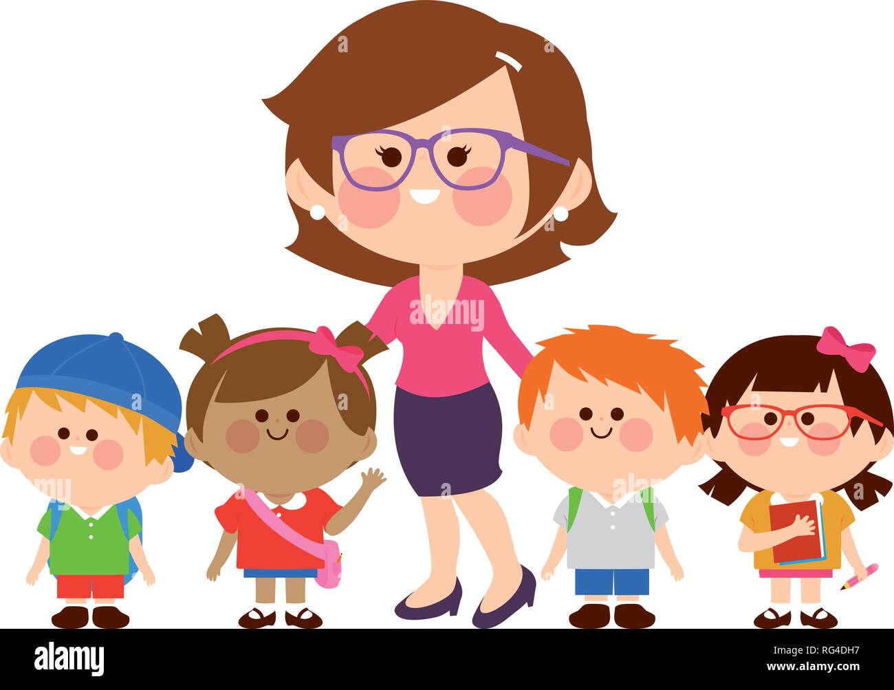 A happy female teacher and her group of children students carrying ...