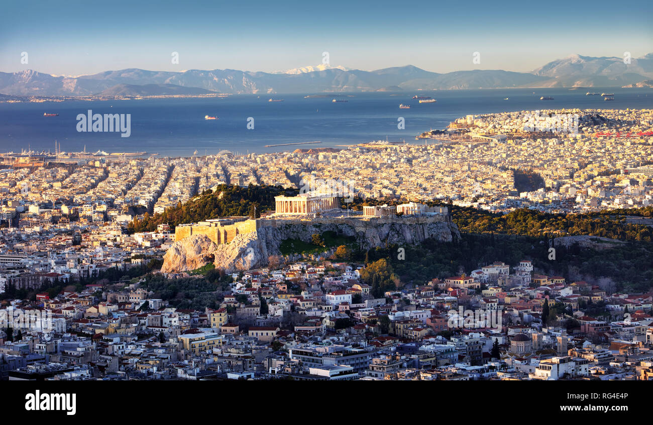 Panoramic view of Athens city from Lycabettus hill at sunrise To ...