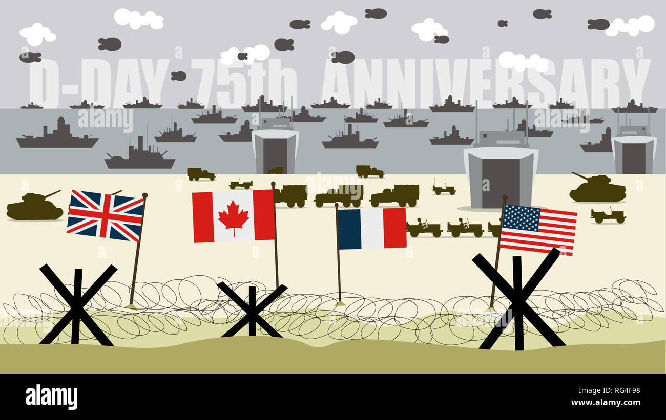 the flags of forces allied on the landing beaches in normandy France ...