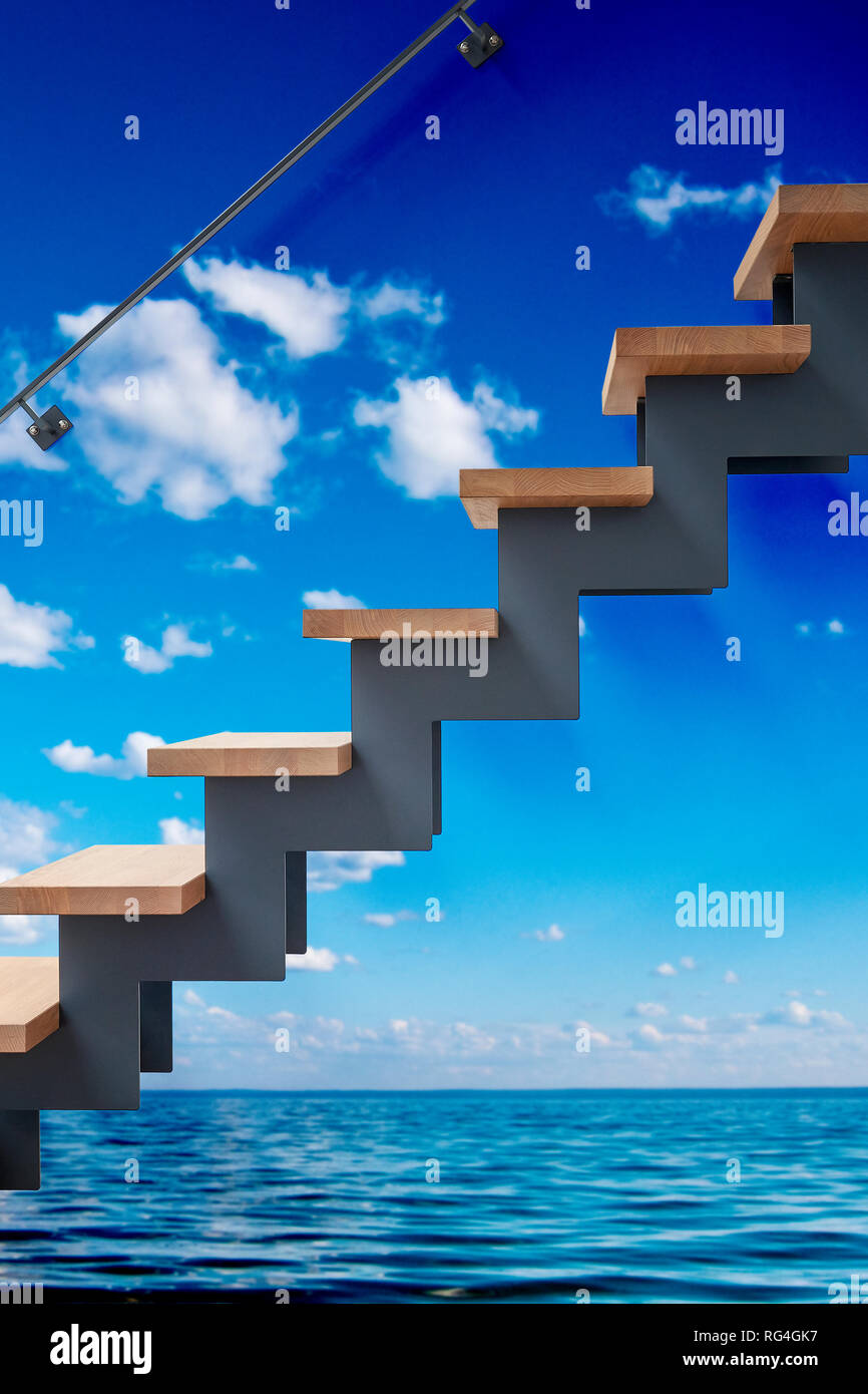 Hardwood stairs in modern living room against ocean wall. Surrealist ...