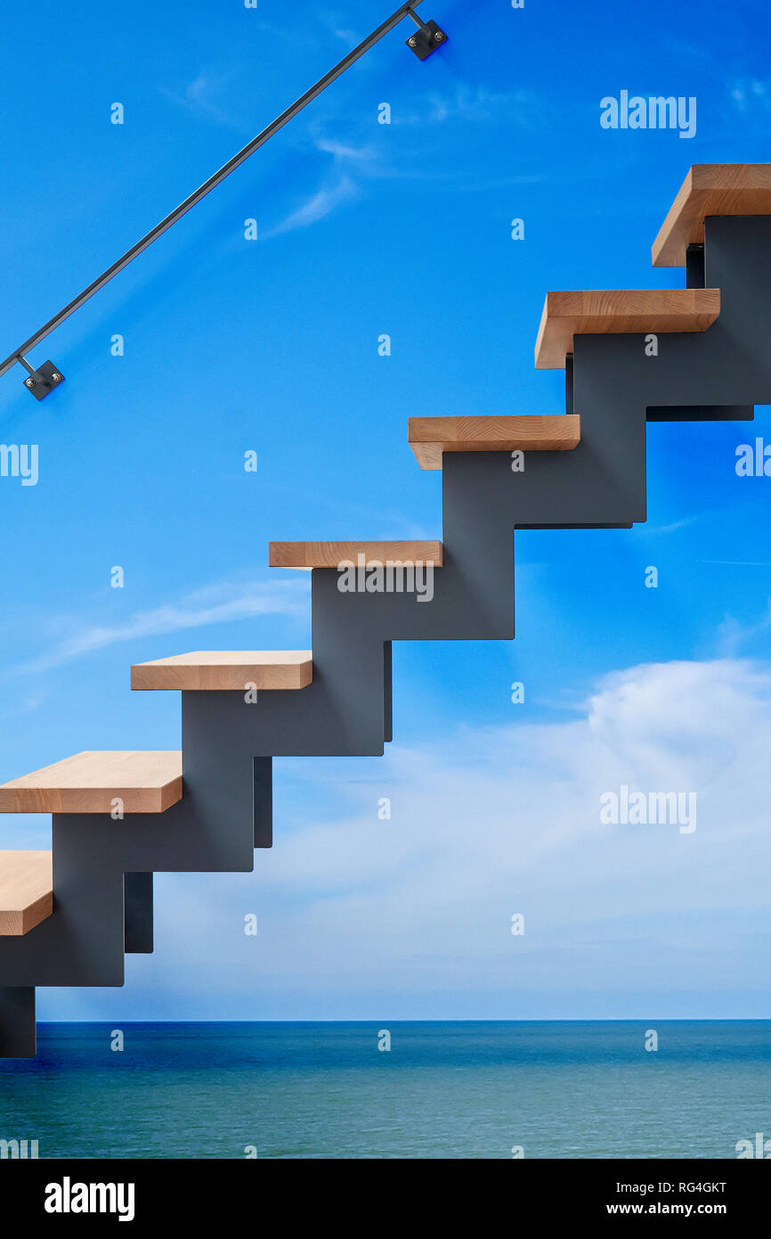 Hardwood stairs in modern living room against ocean wall. Surrealist ...
