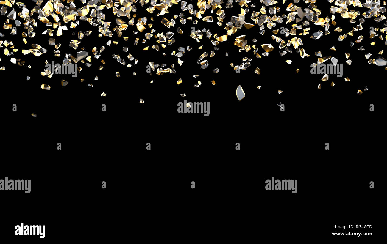 Particles and fragments of glass or crystals on a black background ...