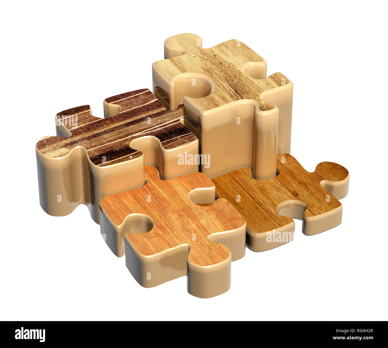 Four puzzle pieces with wooden textures of different color are joined ...