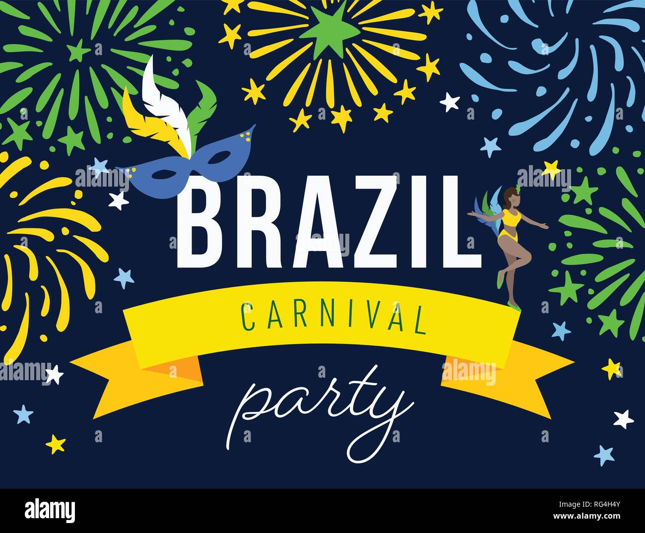 Brazil carnival party web banner, invitation with fireworks. Hand drawn ...