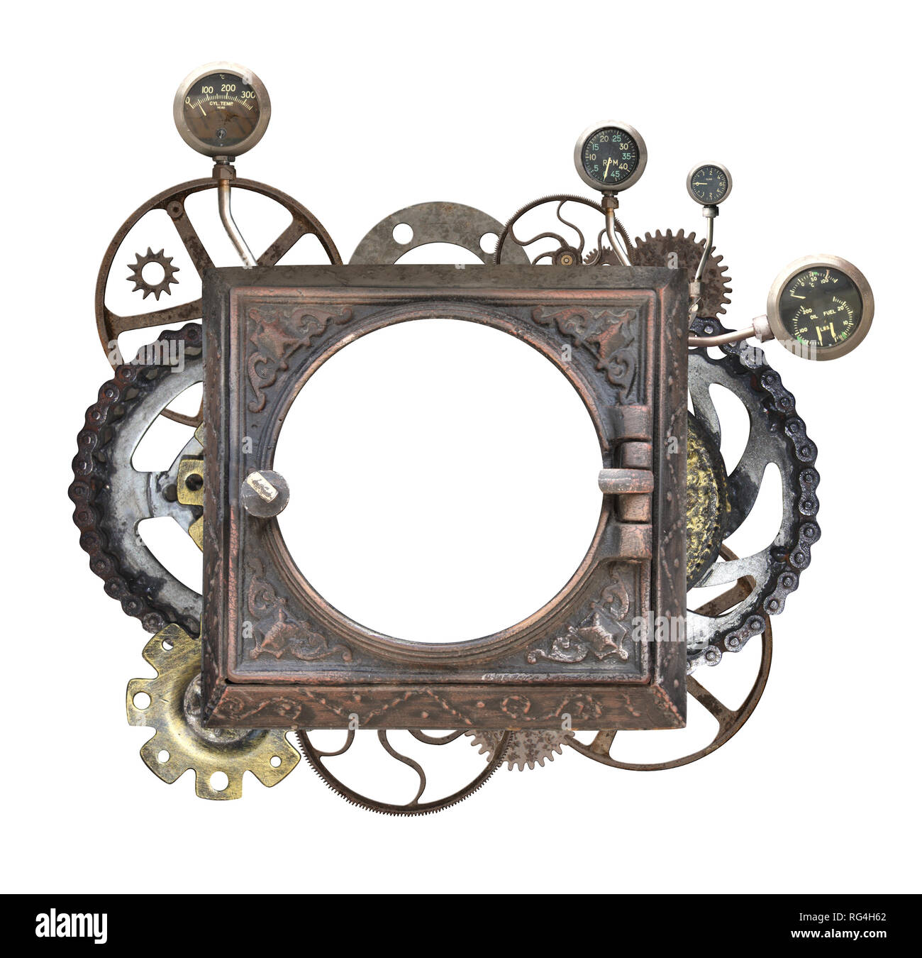 Metallic frame with vintage machine gears and retro cogwheel. Isolated ...