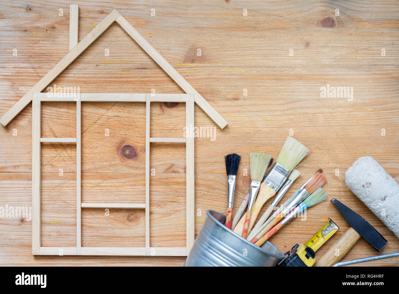Home renovation construction abstract background with tools on wooden ...