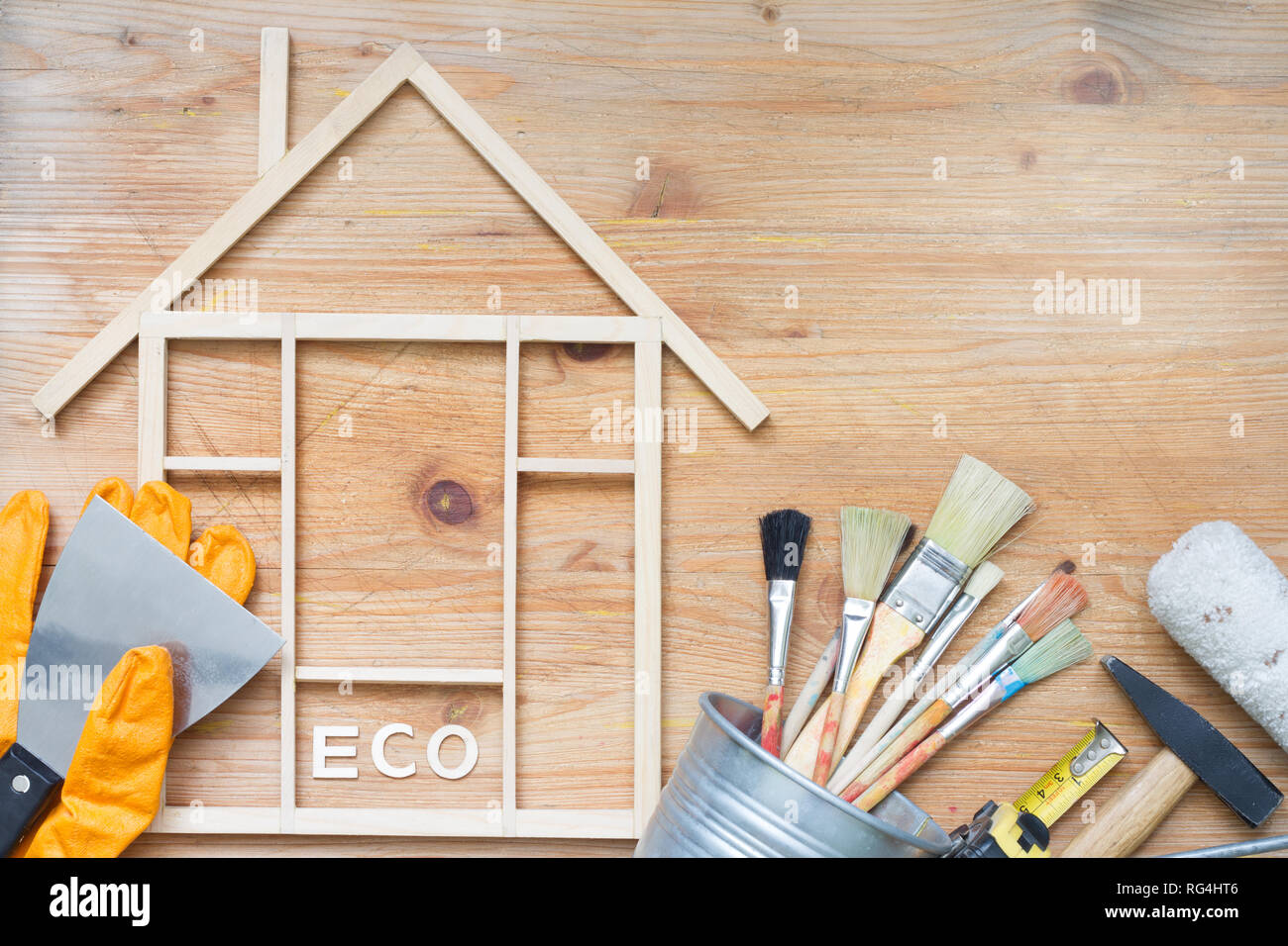 Home renovation construction abstract background with tools on wooden ...
