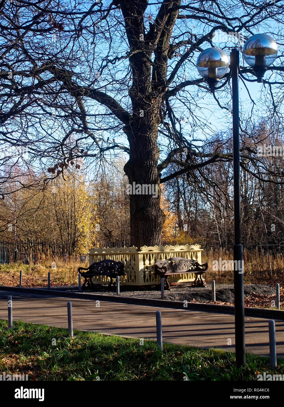Autumn scene park bench background hi-res stock photography and images ...