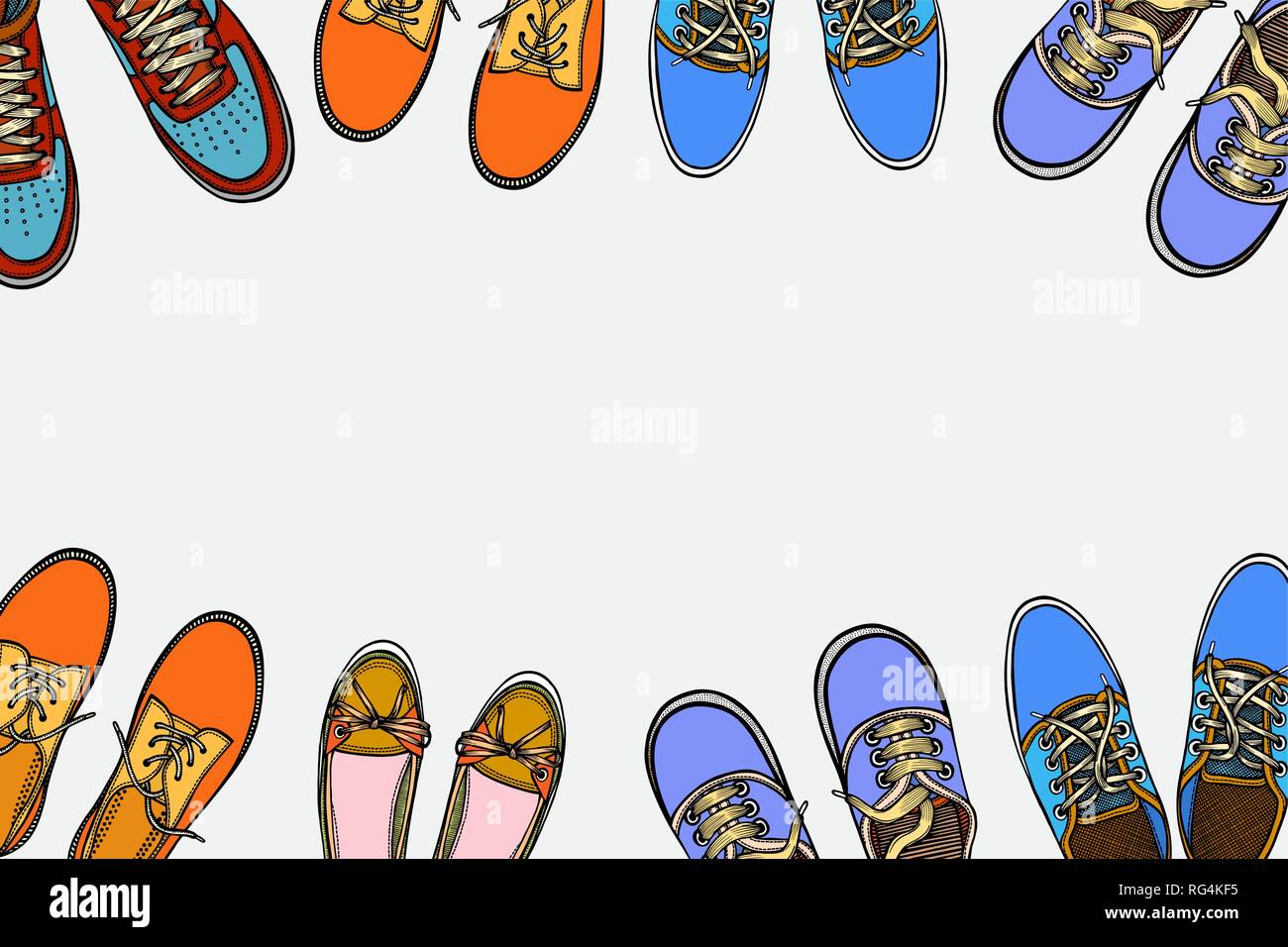 Background of many sports shoes lined up in a circle with free space ...