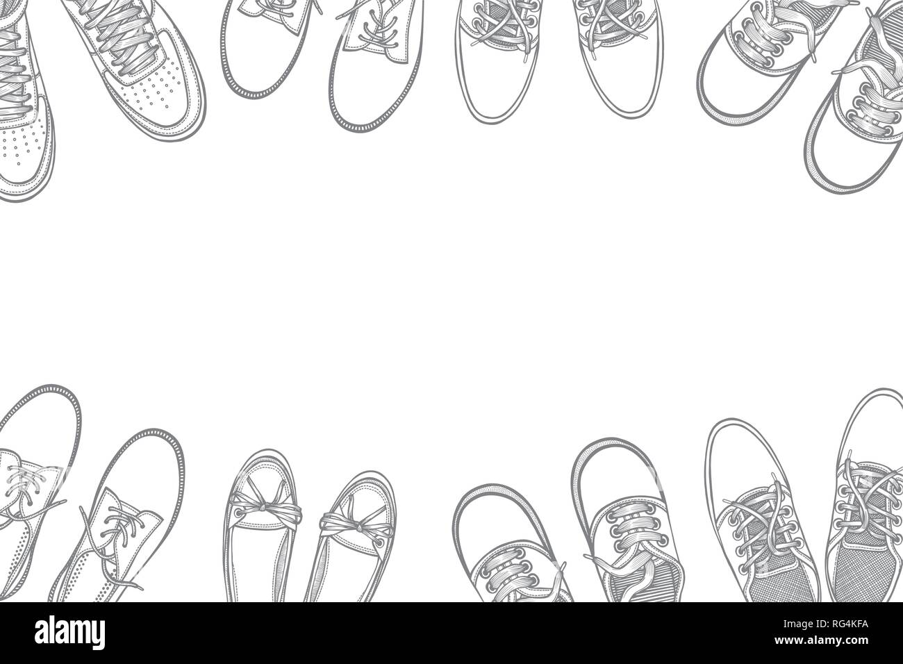 Background of many sports shoes lined up in a circle with free space ...
