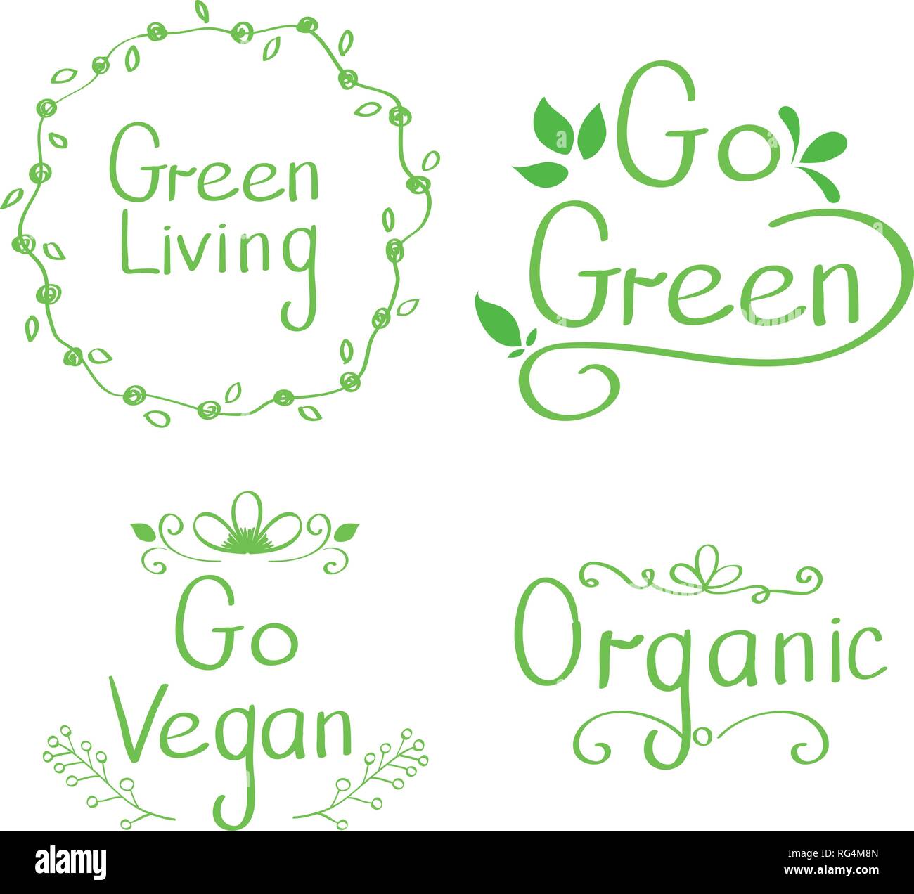 Collection of ector hand drawn signs. Green living. Go green. Go vegan ...