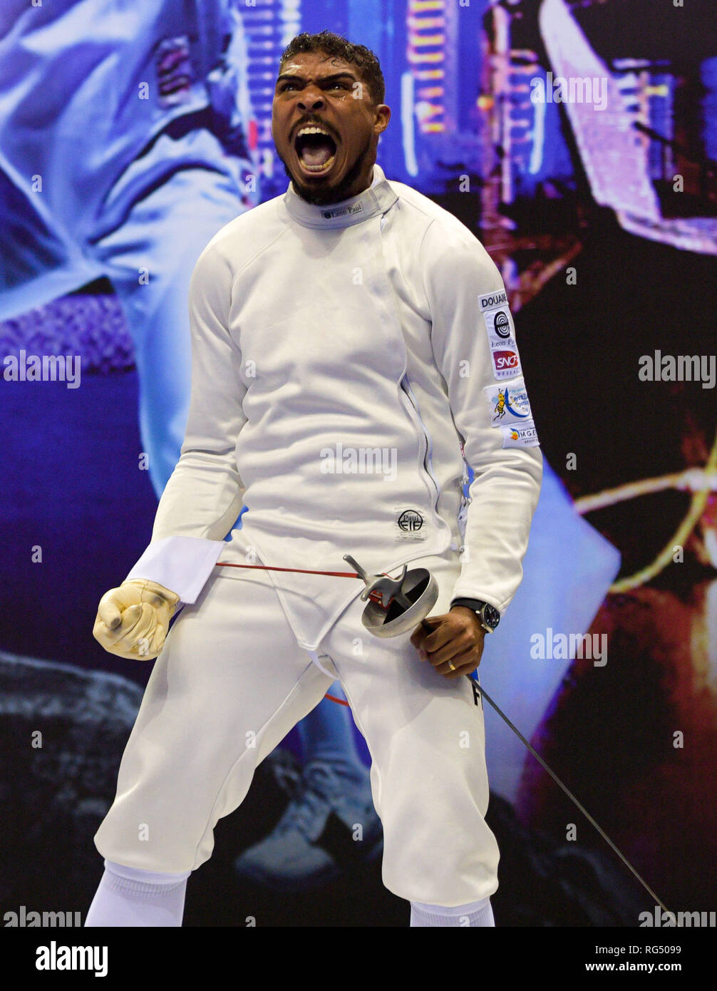 Doha. 27th Jan, 2019. Yannick Borel of France celebrates after winning ...