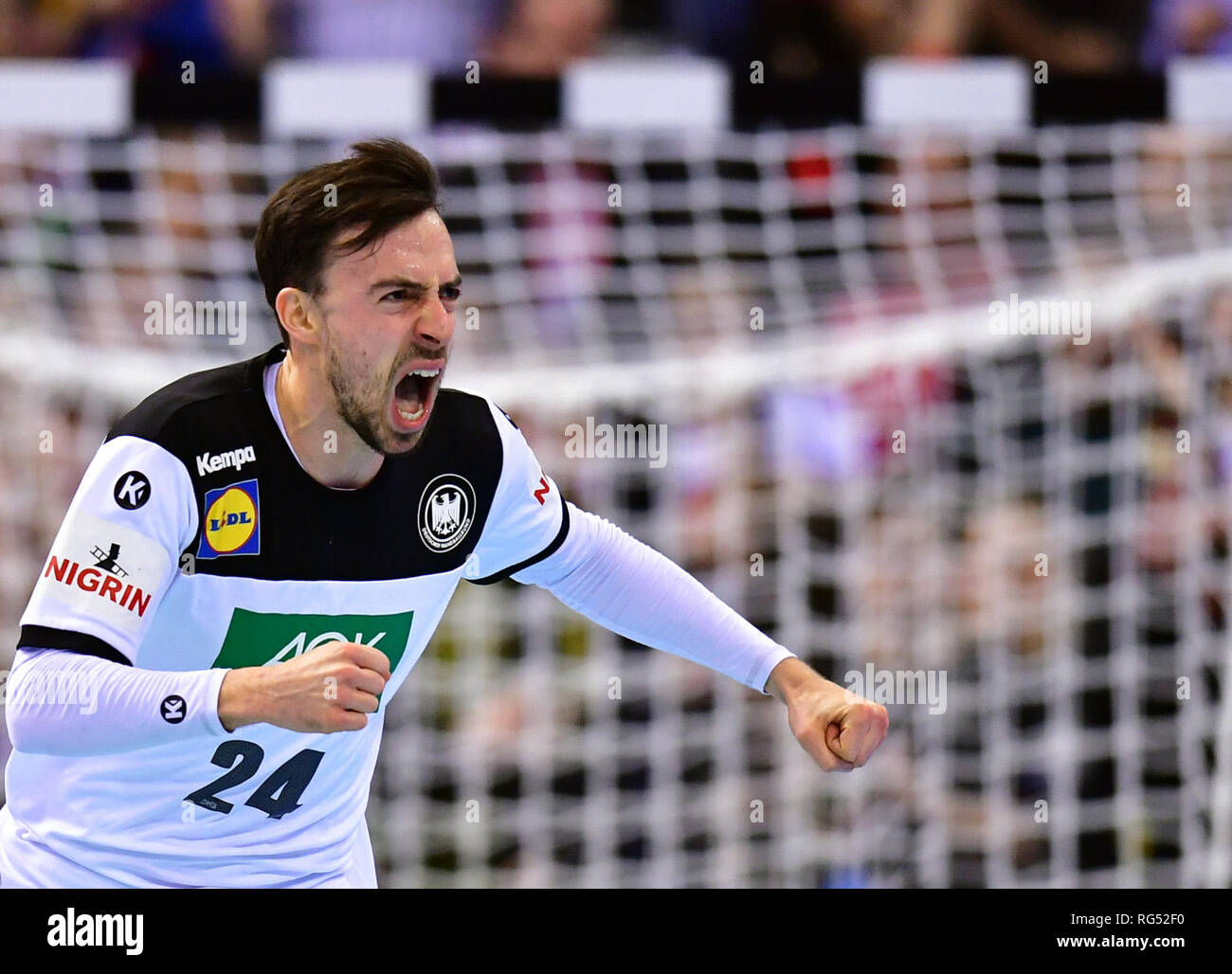 25 January 2019, Hamburg: Handball: WM, Germany - Norway, final round, semi-final. Germany's ...