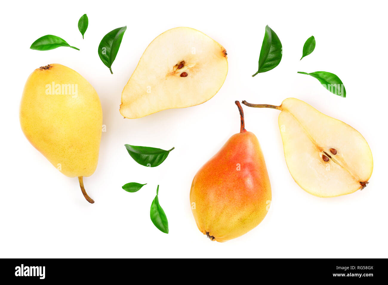 ripe red yellow pear fruits with leaves isolated on white background ...