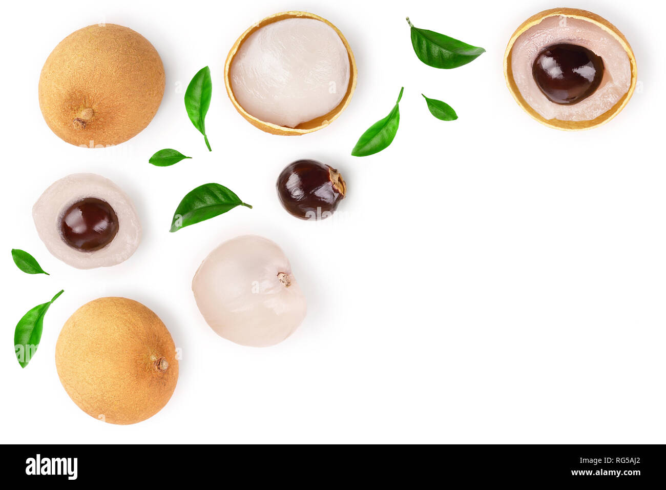 Fresh longan fruit with leaves isolated on white background. Top view ...