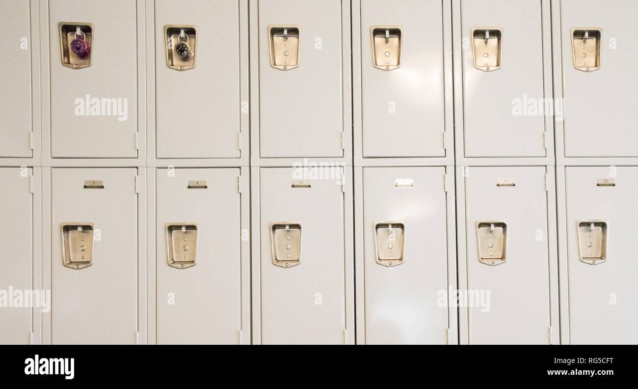 A row of tan lockers with two padlocks in an educational setting Stock ...