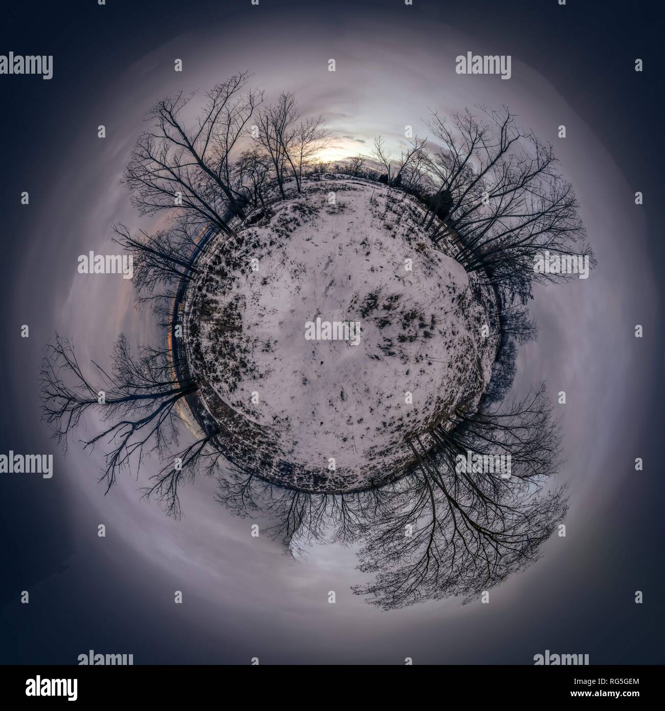 Dark winter small, little planet with trees and sunset, 360 degree ...