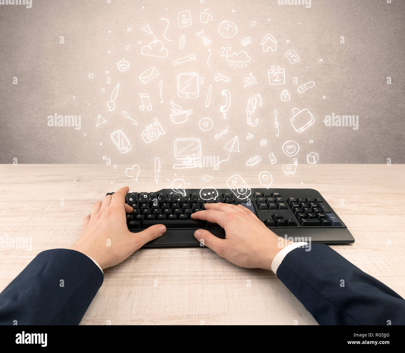 First person view of an elegant businessman hand typing with doodle ...