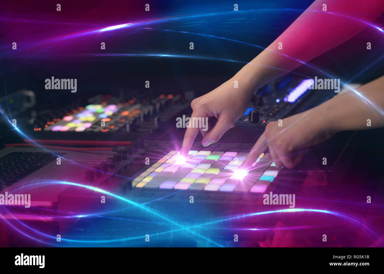 Hand mixing music on midi controller with wave vibe concept Stock Photo ...