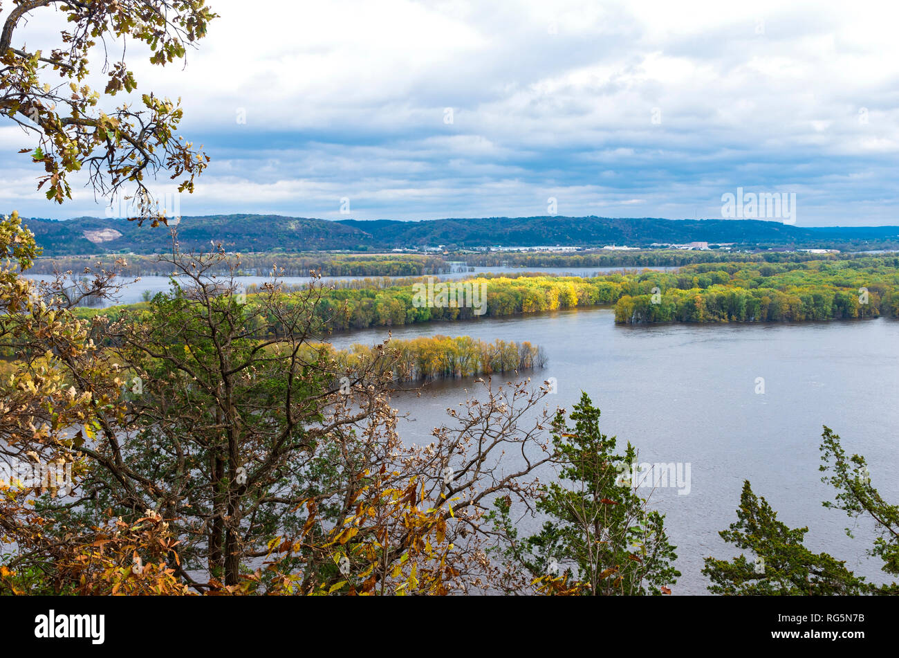 aerial above mississippi river from effigy mounds national monument in ...
