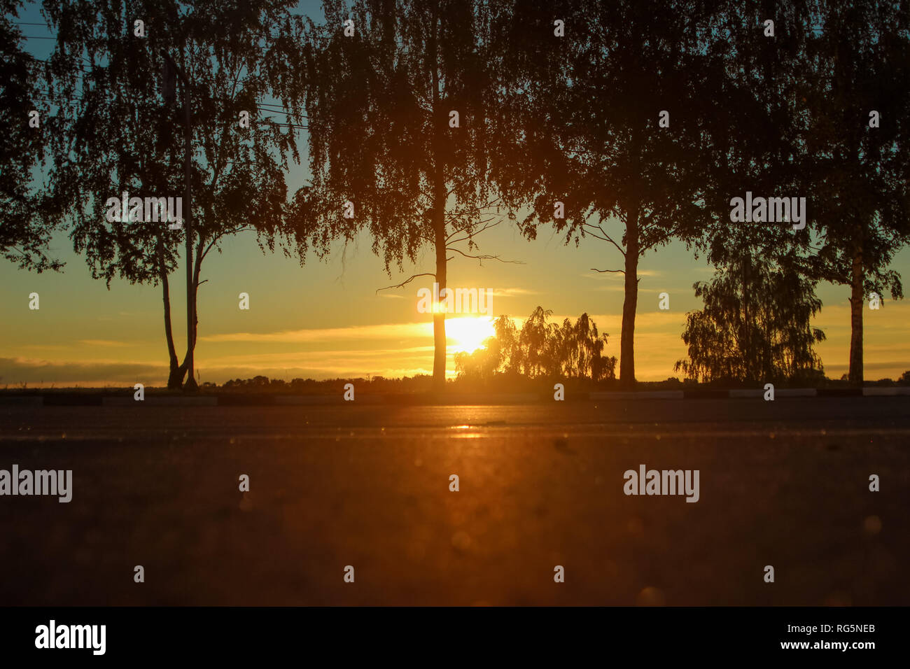 Deep morning dawn with highlights in the orange rays of the summer sun ...