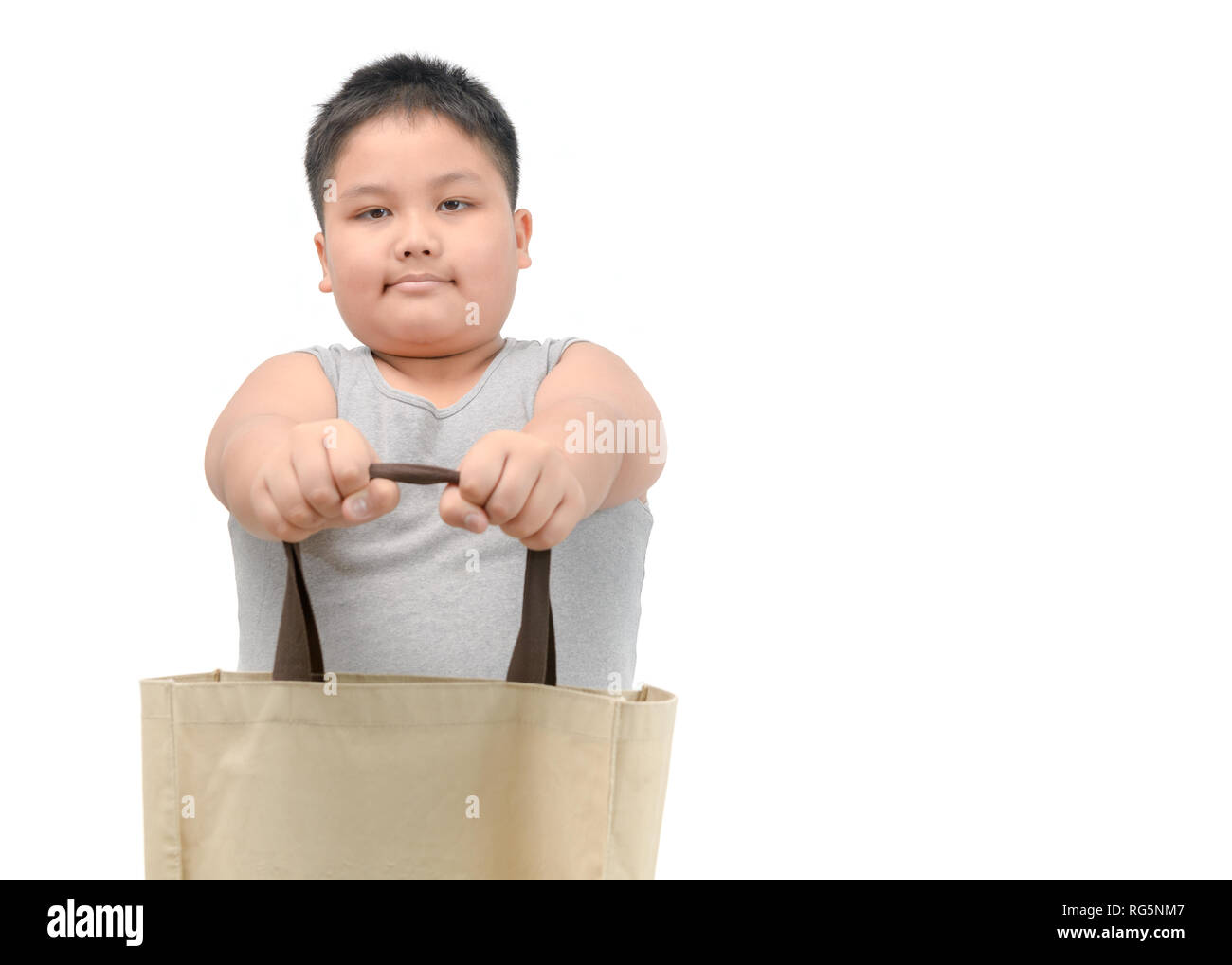 fat boy giving canvas tote bag isolated on white background, save ...