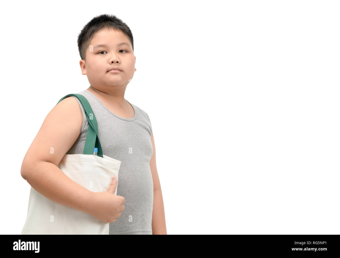 fat boy holding canvas tote bag isolated on white background, save ...