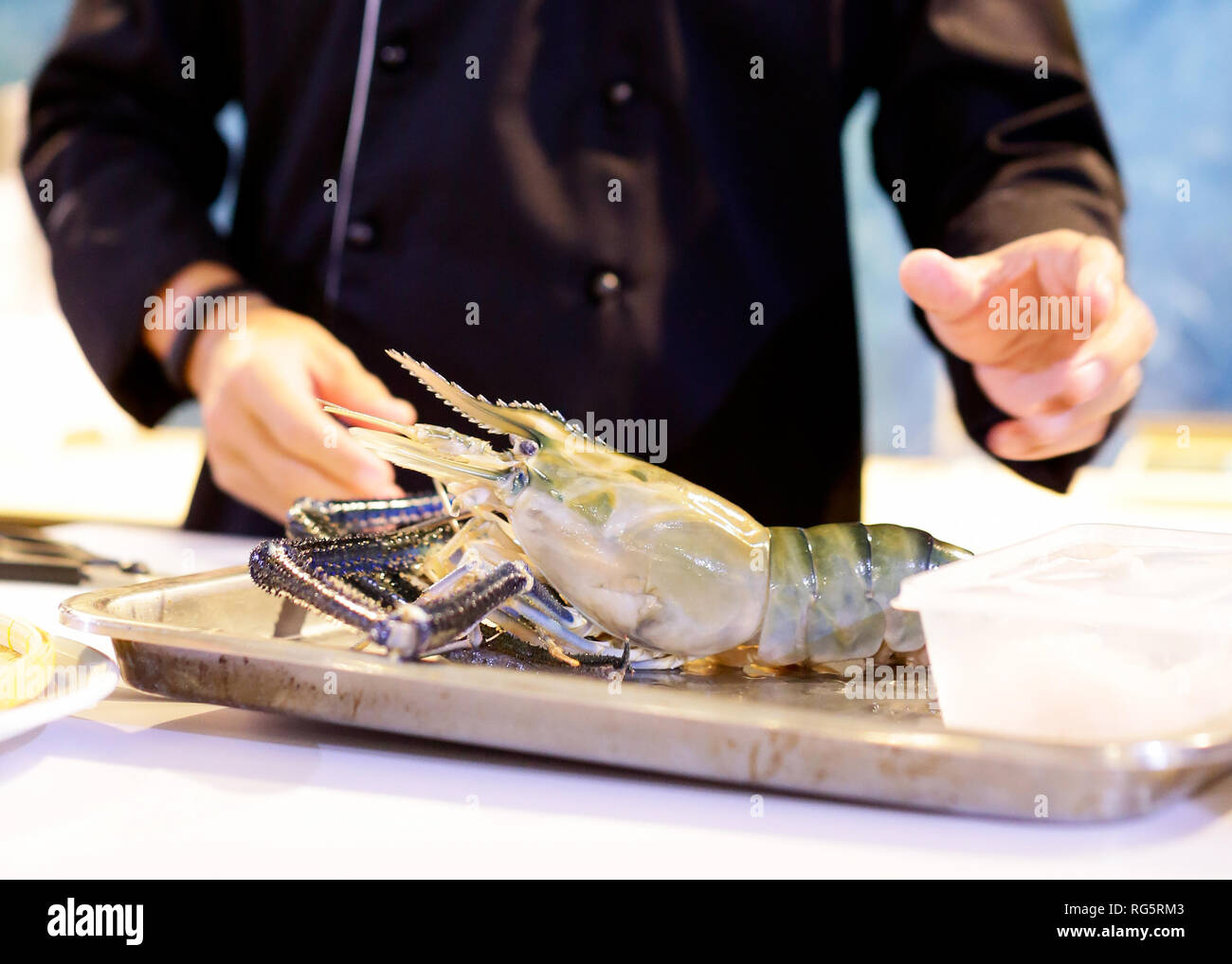 chef cooking seafood, Hand cutting raw black tiger prawn Stock Photo ...
