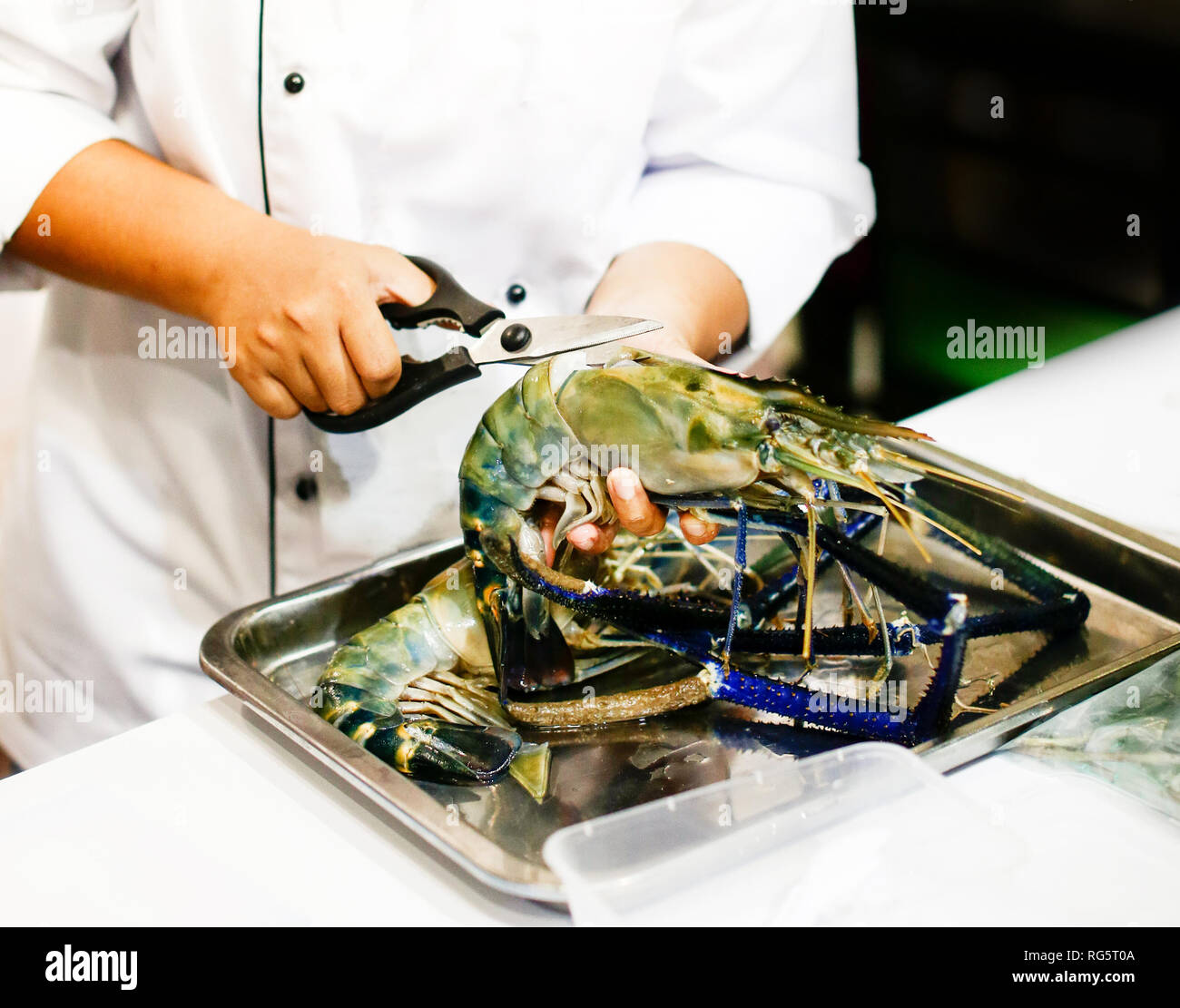 chef cooking seafood, Hand cutting raw black tiger prawn Stock Photo ...