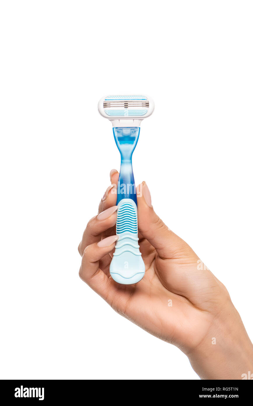 close-up partial view of african american woman holding blue razor ...