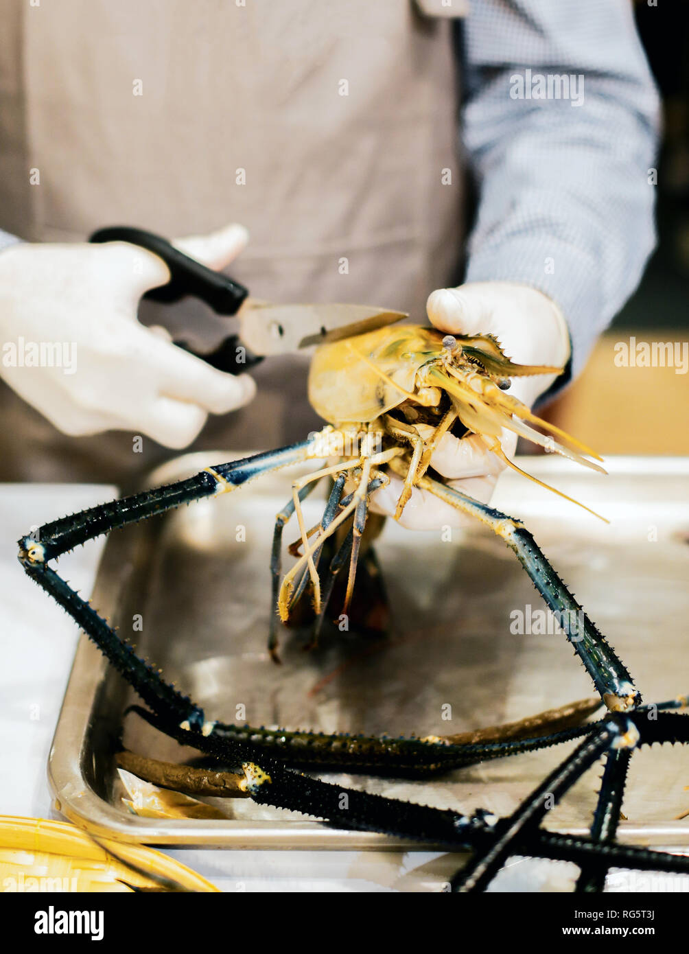 chef cooking seafood, Hand cutting raw black tiger prawn Stock Photo ...