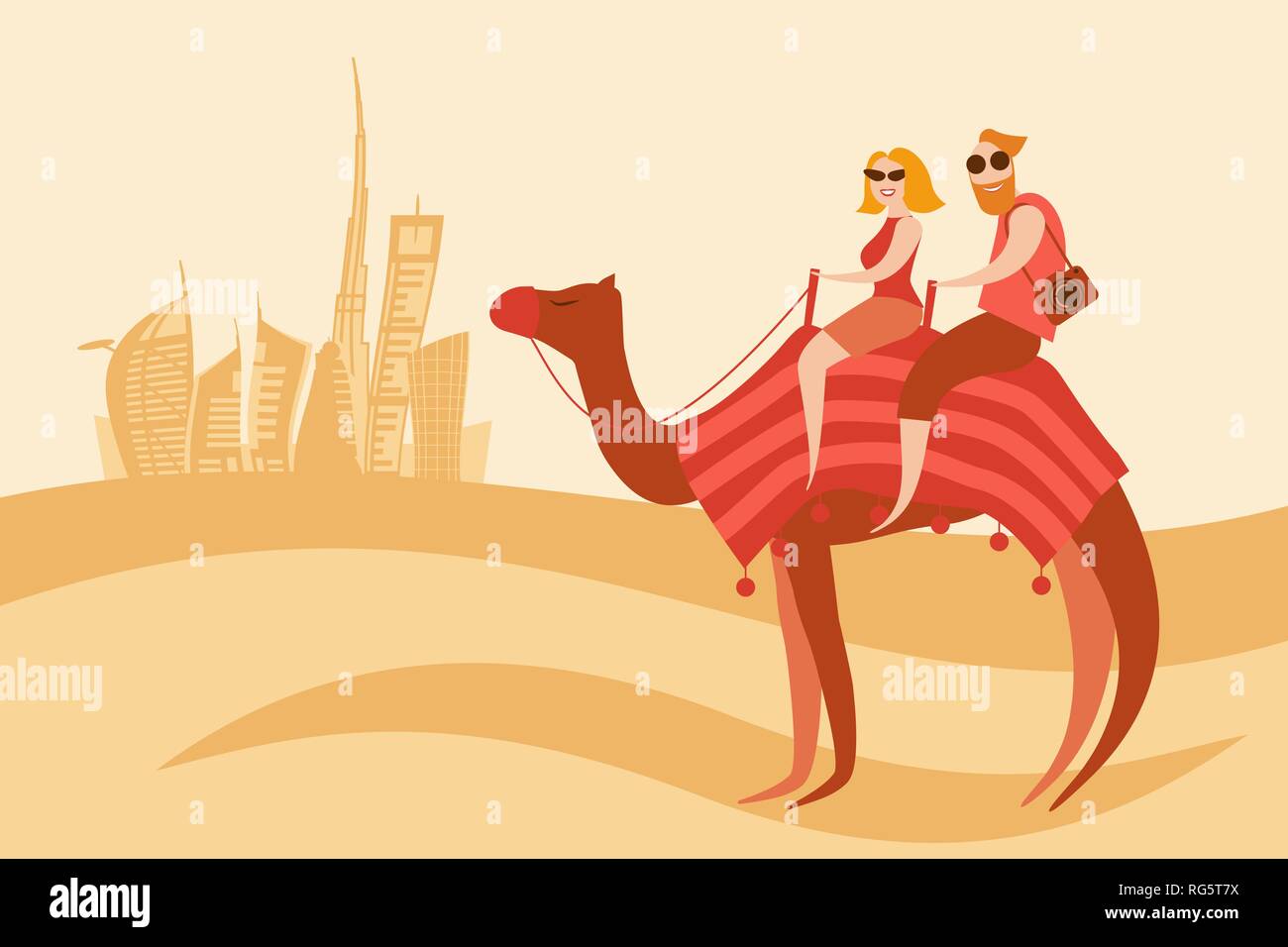 Tourists couple camel riders in the desert on the Dubai city background ...