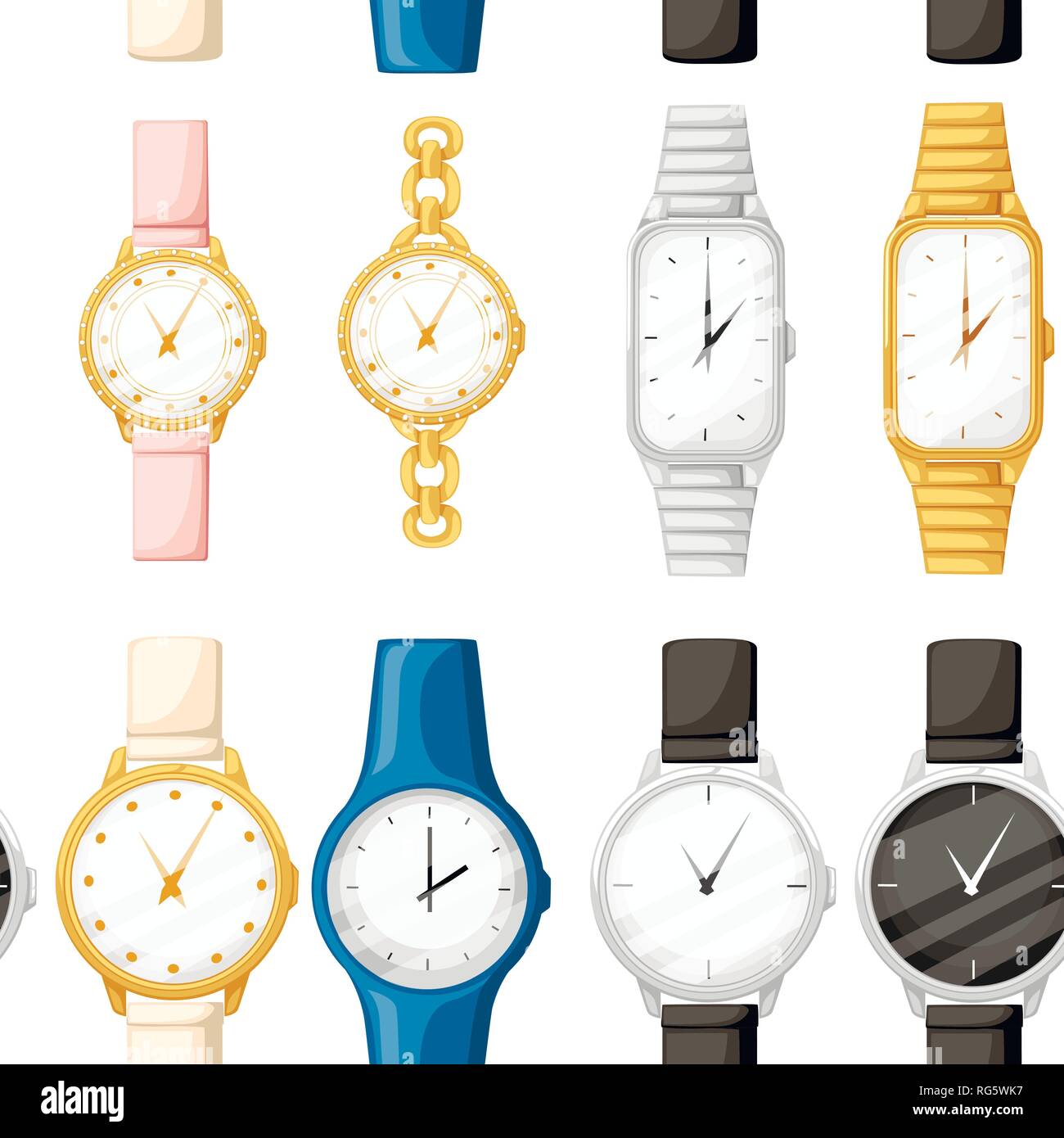 Seamless pattern. Set of different style and color wrist watches. Man ...