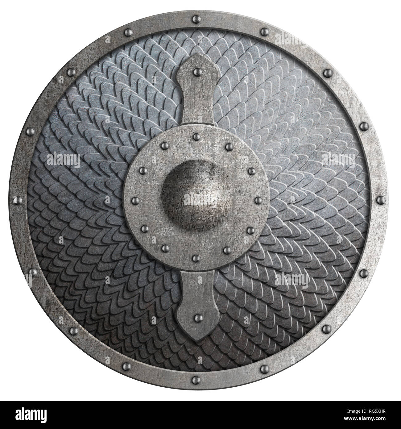 Round rustic metal shield covered by scales isolated 3d illustration ...