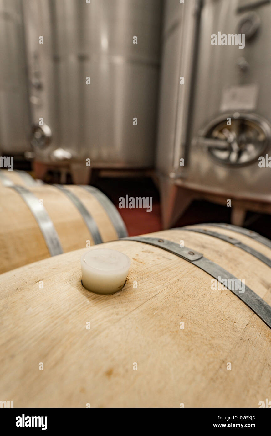 Inside of a modern winery having wine in oak barrels and aluminium ...