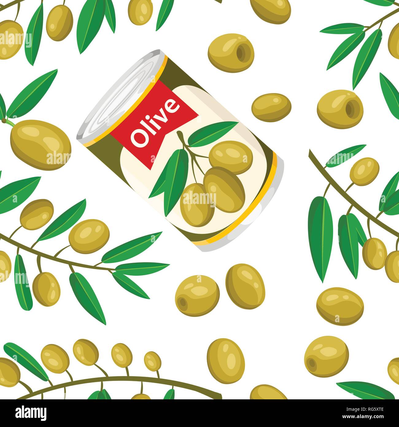 Seamless pattern. Olive in aluminum can. Canned olive with branch logo ...